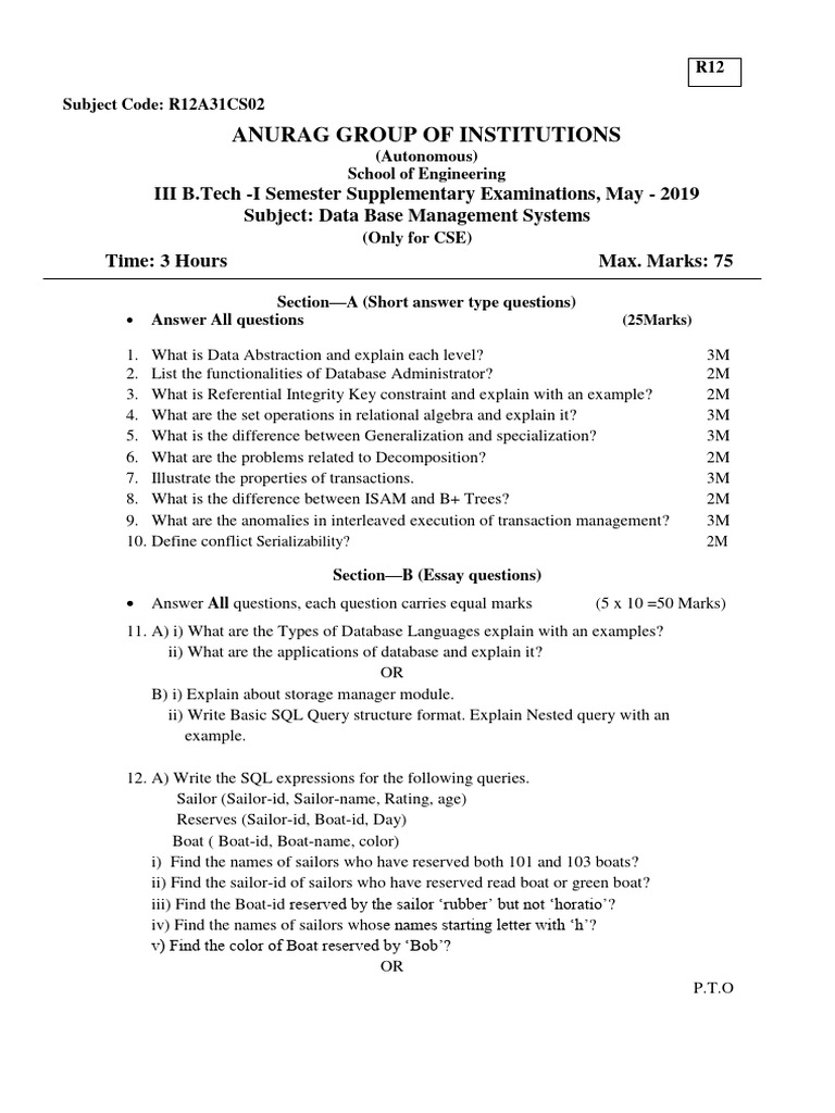 Data Base Management Systems Cse Iii I Suppy May 2019 Pdf Databases Database 5530