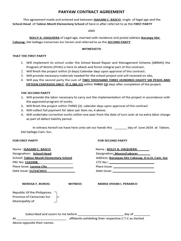 SD 9 Pakyaw Contract - Revised 2 | PDF | Legal Concepts | Contract Law