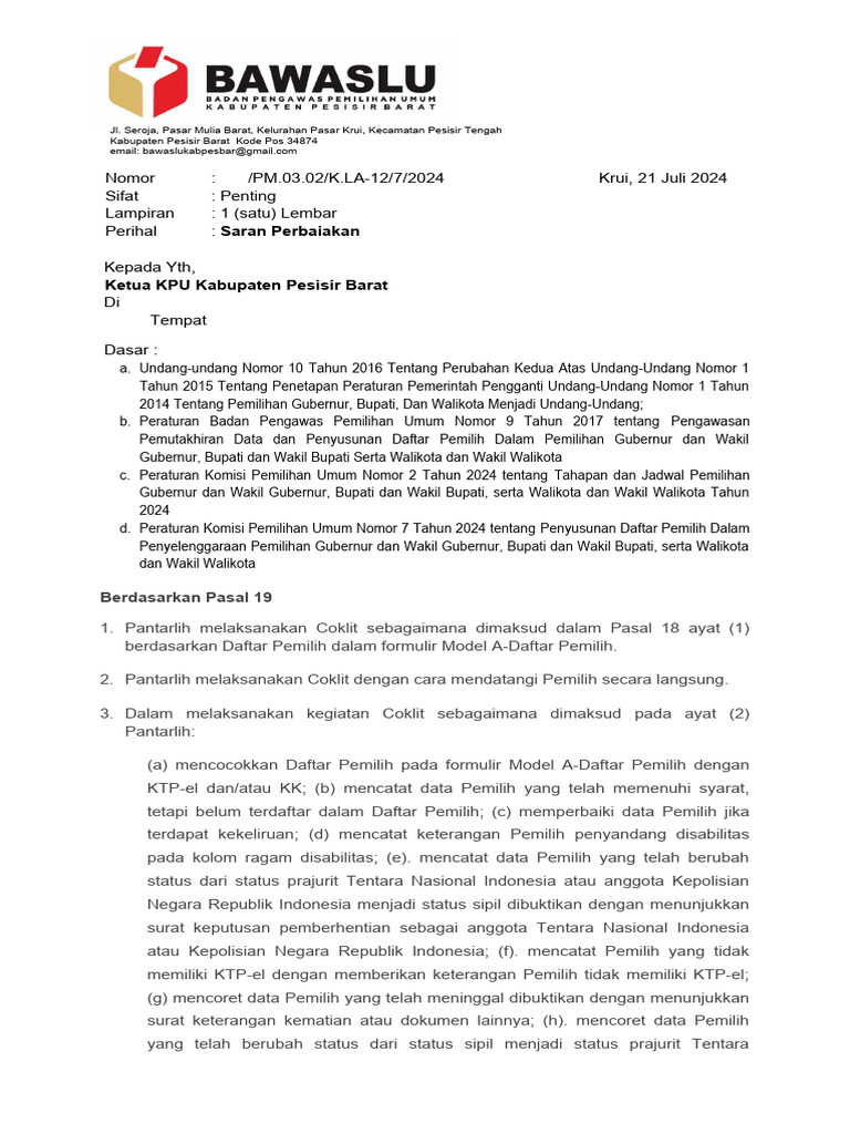 Surat Saran Perbaikan | PDF