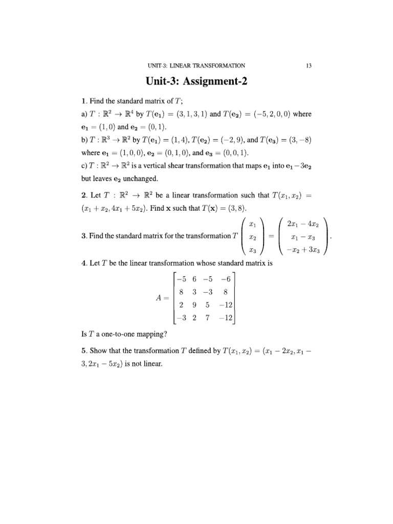Unit-3 - Assignment-2 Topic: Matrix of Linear Transformation | PDF