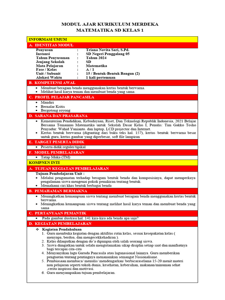 MODUL AJAR MTK KELAS 1 TRIANA Edit | PDF | Sains & Matematika