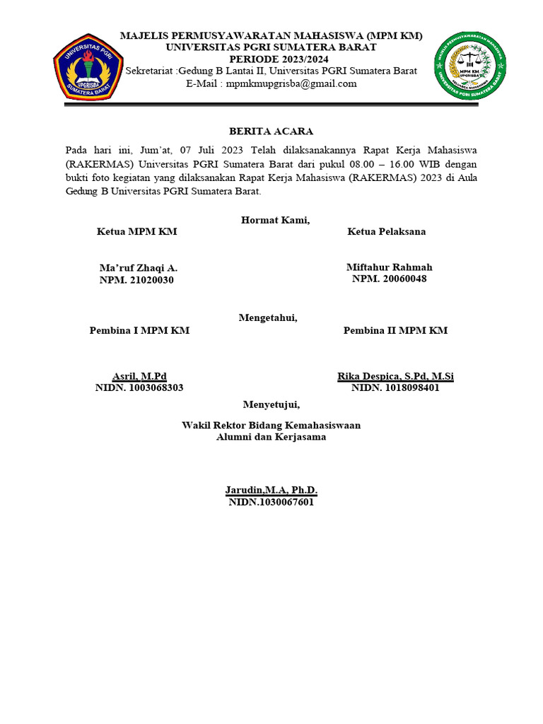 BERITA ACARA Raker BEM KM 2023 | PDF