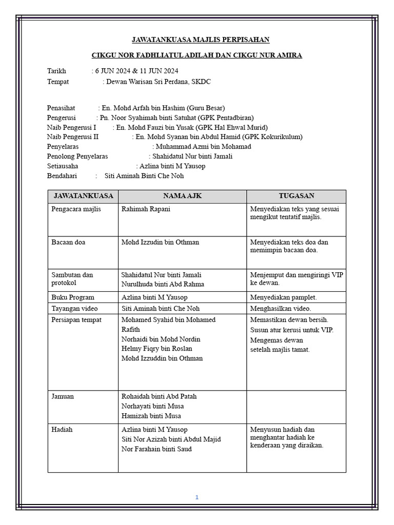 TENTATIF MAJLIS PERPISAHAN CG Adilah Dan CG Amira | PDF