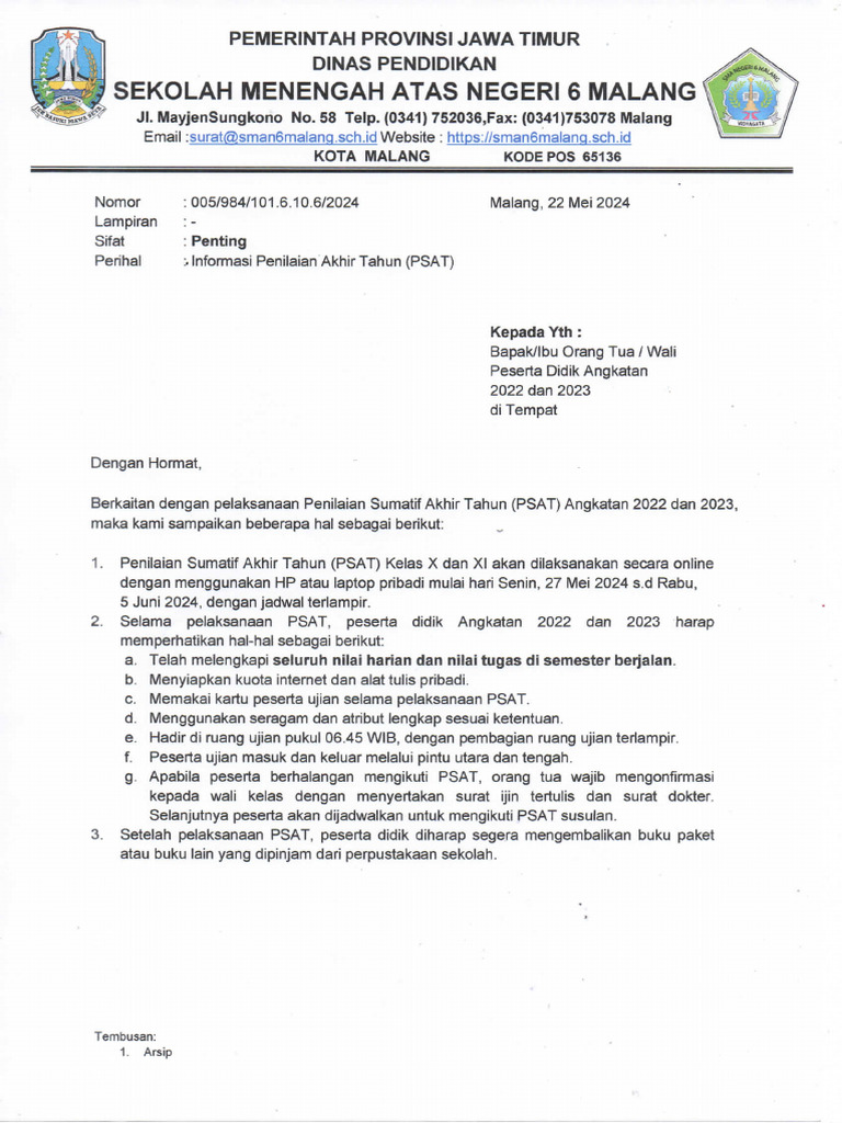 Surat Edaran PSAT | PDF