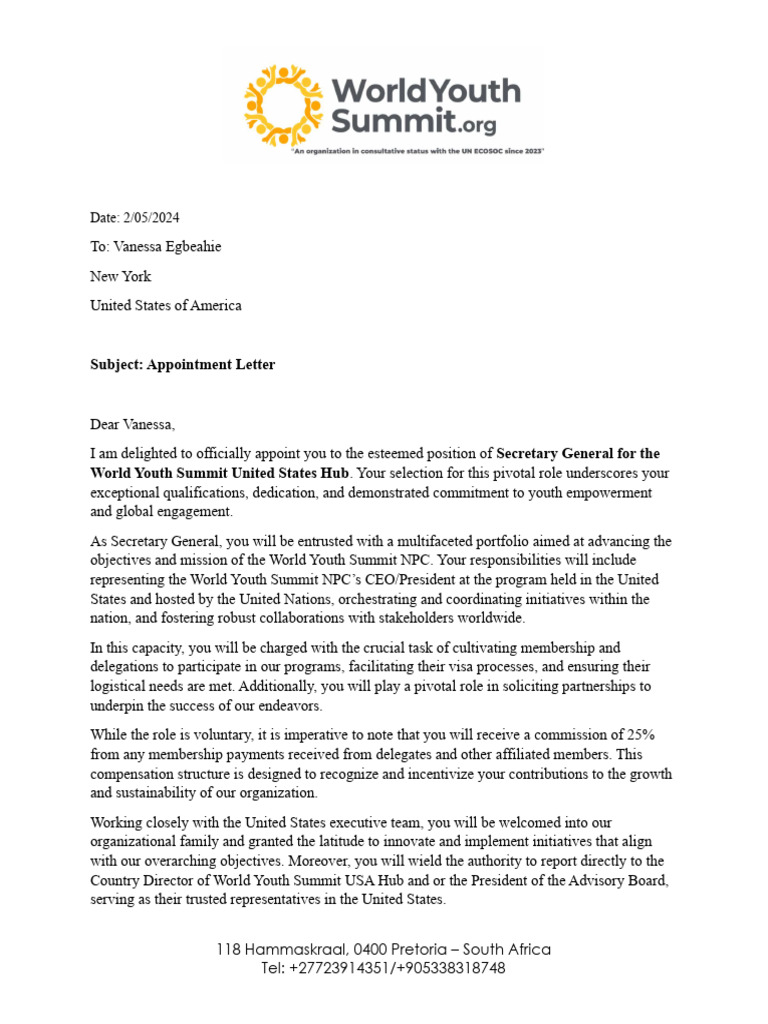 APPOINTMENT LETTER SG WYS USA Hub | PDF | Business | Economies