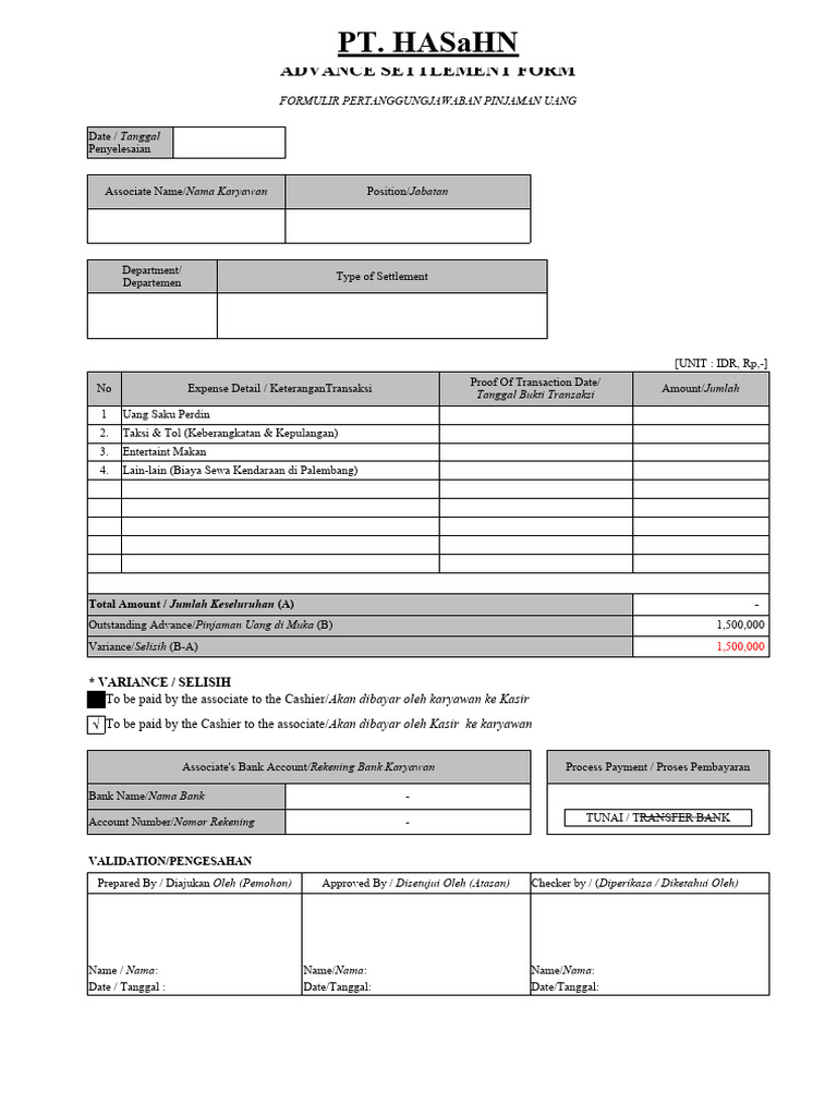 Excell Form Advance Settlement HASaHN | PDF