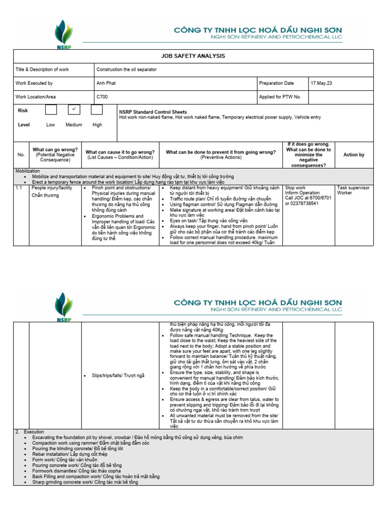 JSA of Construction The Oil Separator | PDF