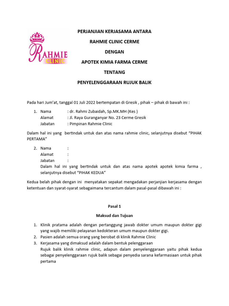 MOU Rahmie Clinic X Apotek Kimia Farma | PDF