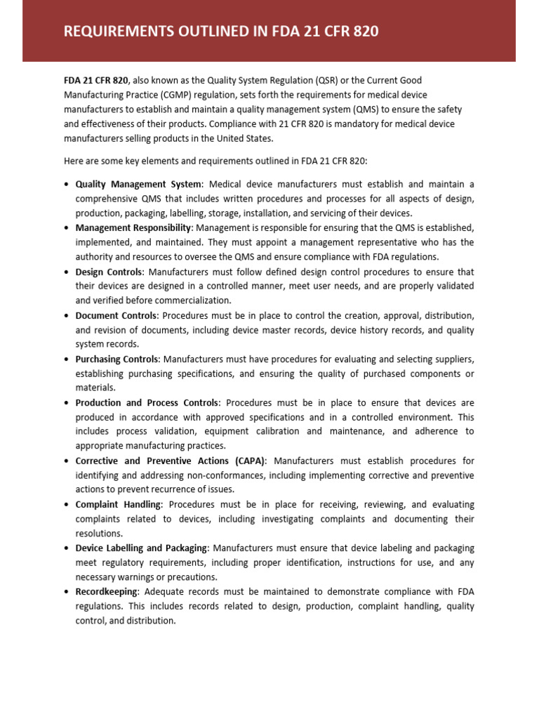 Requirements Outlined in Fda 21 CFR 820 | PDF | Verification And ...