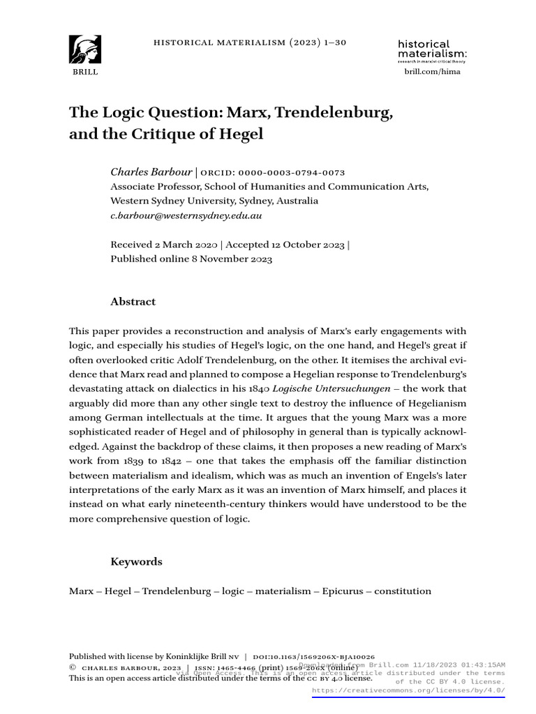 The Logic Question - Marx, Trendelenburg, and The Critique of Hegel ...