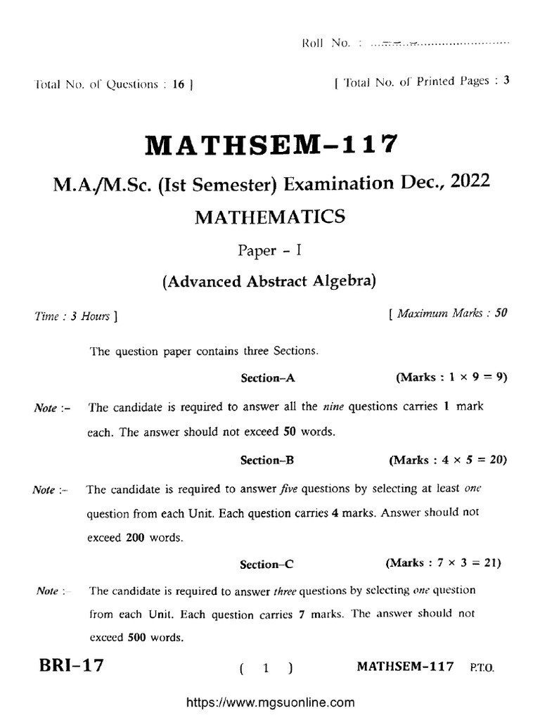 Ma MSC 1 Sem Mathematics Advanced Abstract Algebra Mathsem 117 Dec 2022 | PDF