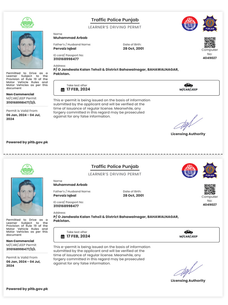Muhammad Arbab Learning License | PDF | Identity Document | Vehicles