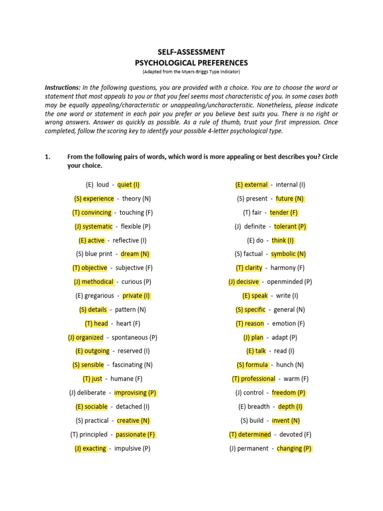 MBTI Self-Assessment Guide | PDF | Cognitive Science | Cognition