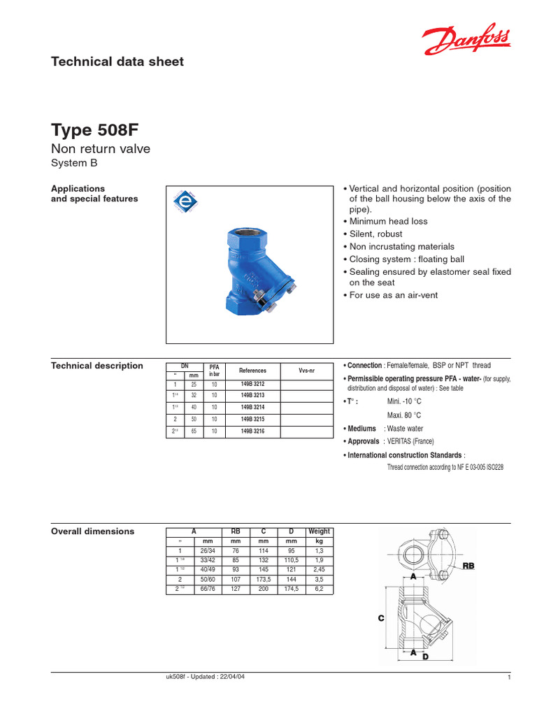 Danfoss Non Return Valve Uk508f | PDF | Materials | Mechanical Engineering