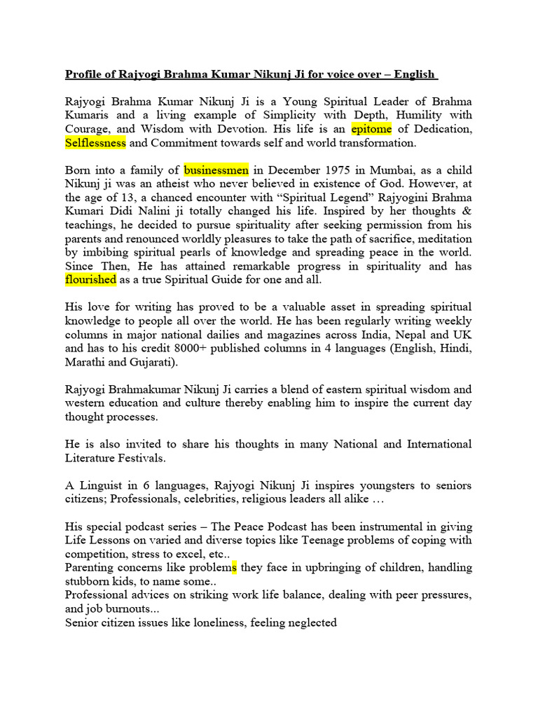 For Vocie Over Updated Rajyogi BK Nikunj Profile (N) | PDF