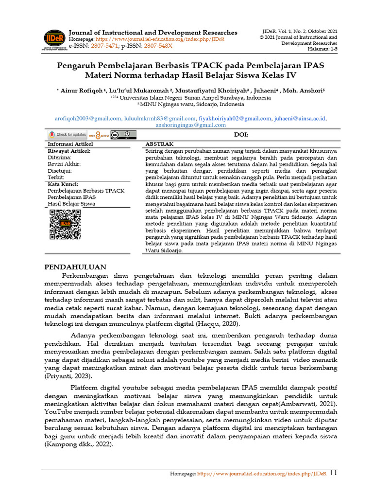 Pengaruh Pembelajaran Berbasis TPACK Pada Pembelajaran IPAS Materi Norma Terhadap Hasil Belajar ...
