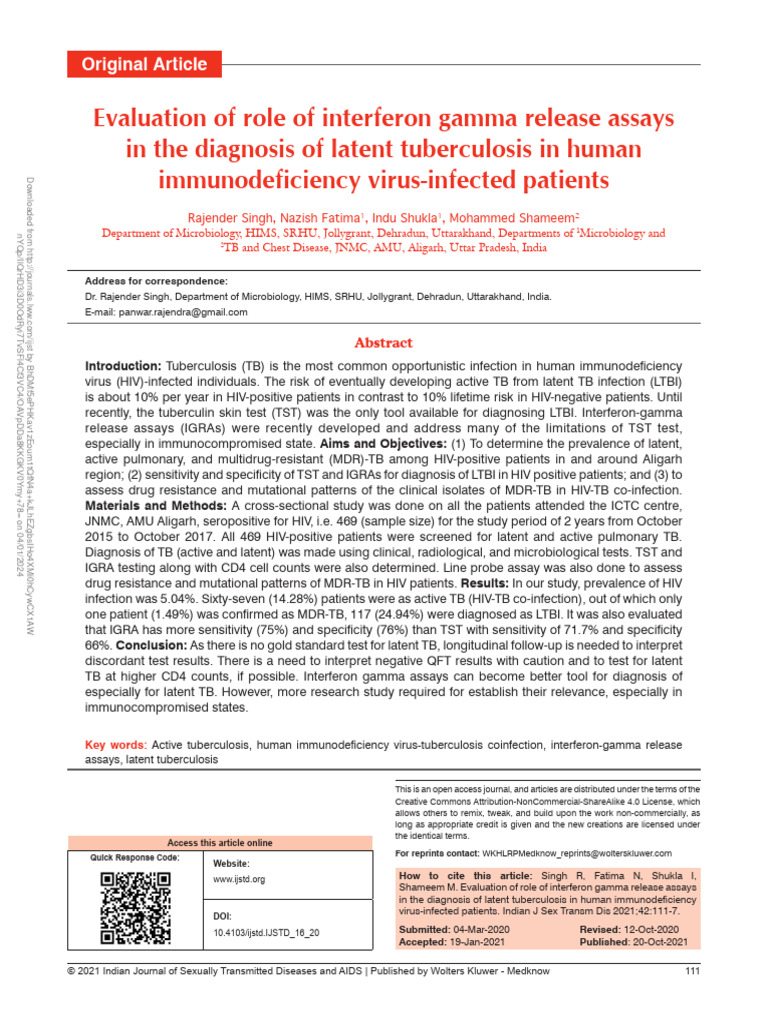 Evaluation of Role of Interferon Gamma Release.4 | PDF | Tuberculosis | Causes Of Death