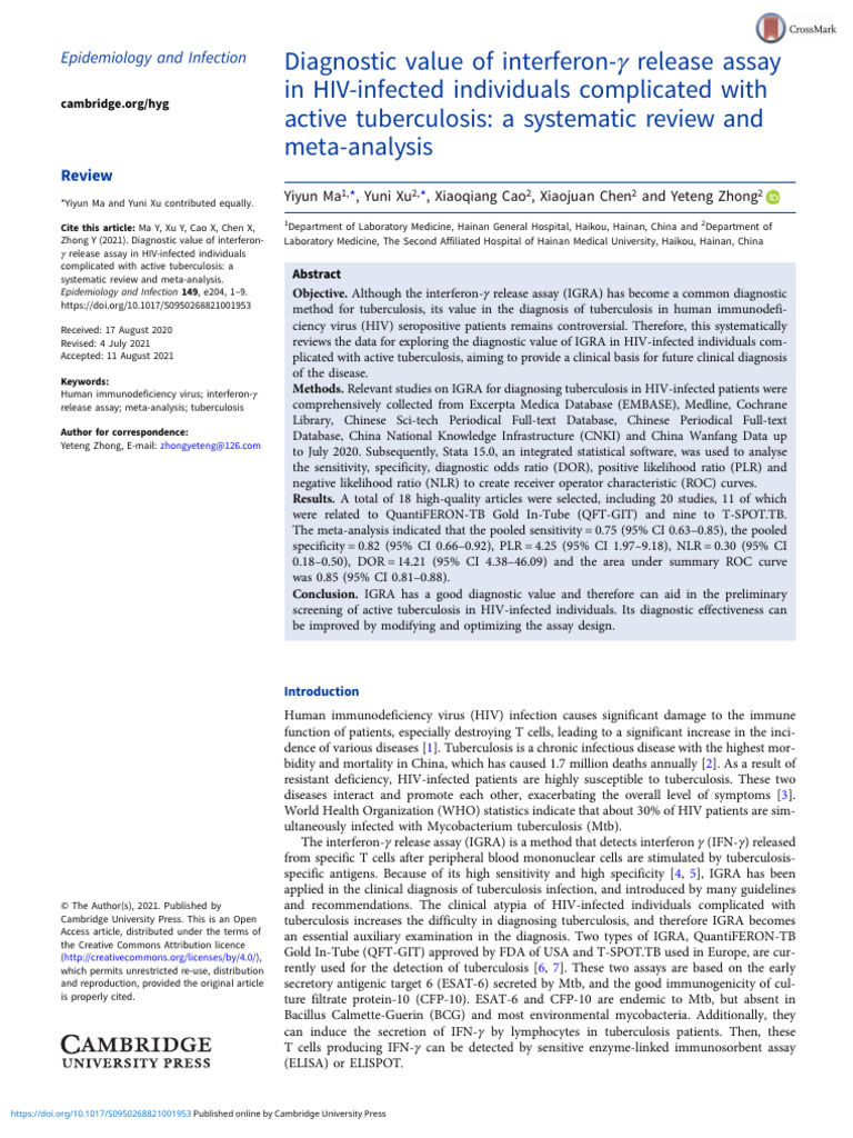 Diagnostic Value of Interferon G Release Assay in Hiv Infected ...