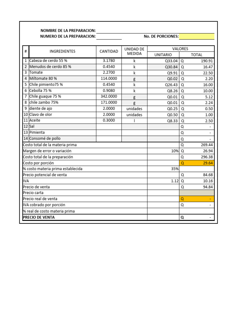 Formato1recetar Estandar Con Merma | PDF | Cocina | Alimentos
