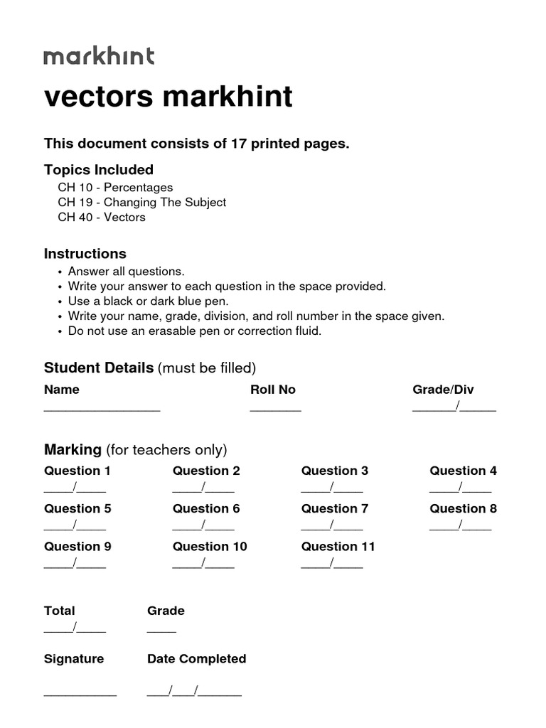Vectors Markhint Assessment Guide | PDF