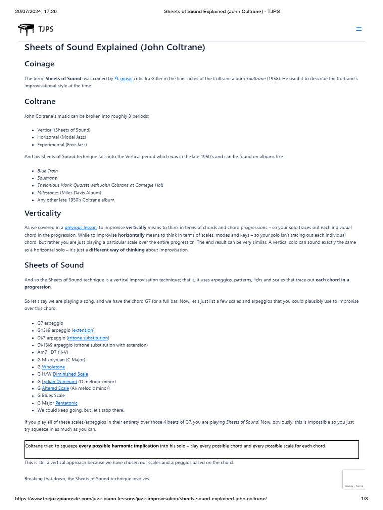 Sheets of Sound Explained (John Coltrane) - TJPS | PDF | Music Theory ...