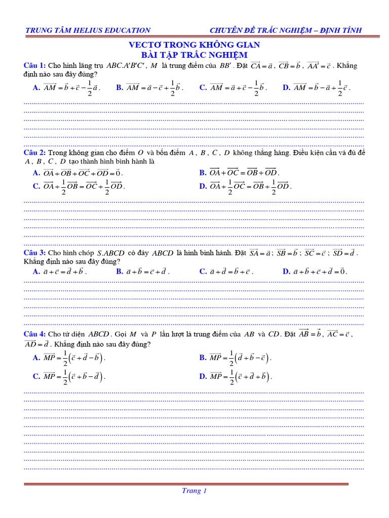 Trắc Nghiệm Vecto Không Gian | PDF