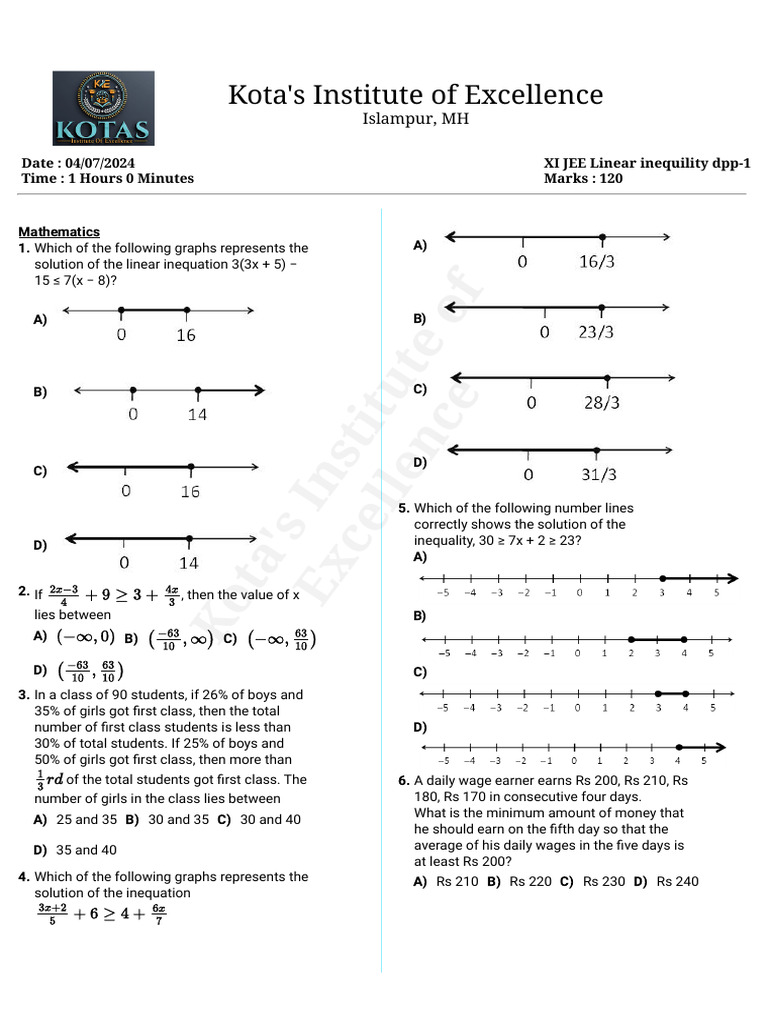 XI JEE Linear Inequality Practice DPP | PDF | Mathematical Relations | Discrete Mathematics