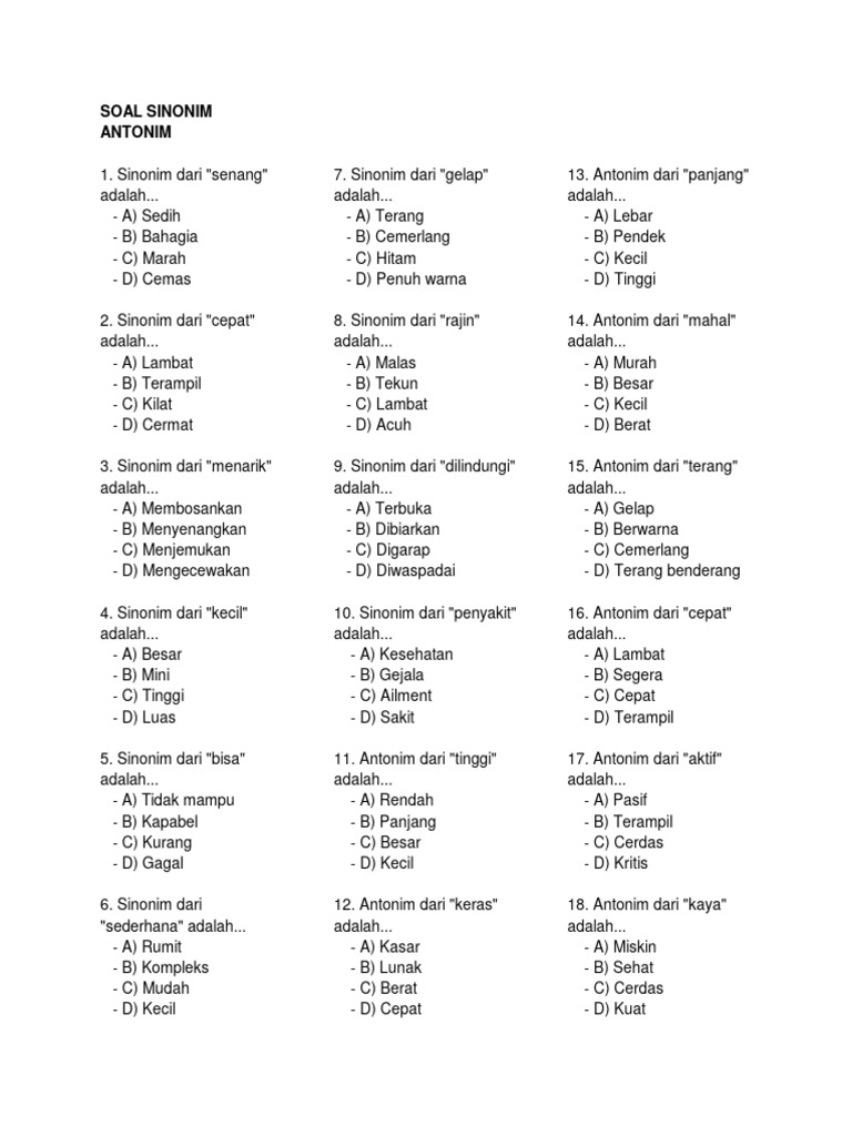 Soal Sinonim Antonim | PDF | Metode & Bahan Ajar