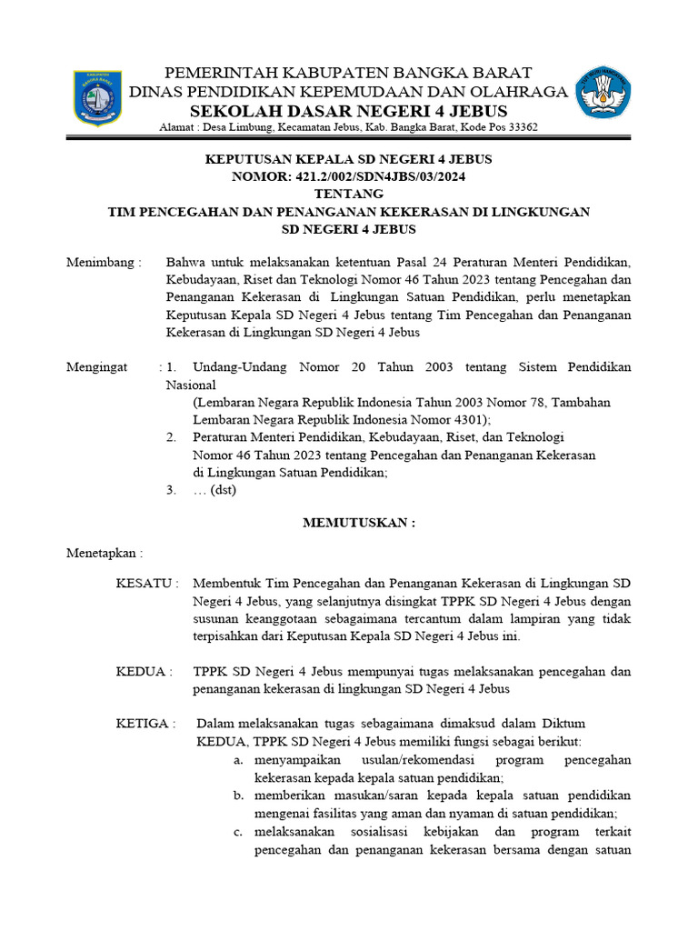 Lampiran 2 - Contoh SK Kepala Satuan Pendidikan Pembentukan TPPK | PDF ...