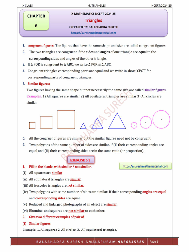 X NCERT2024 25 Mathematics 6. Triangles Notes Wmimg | PDF