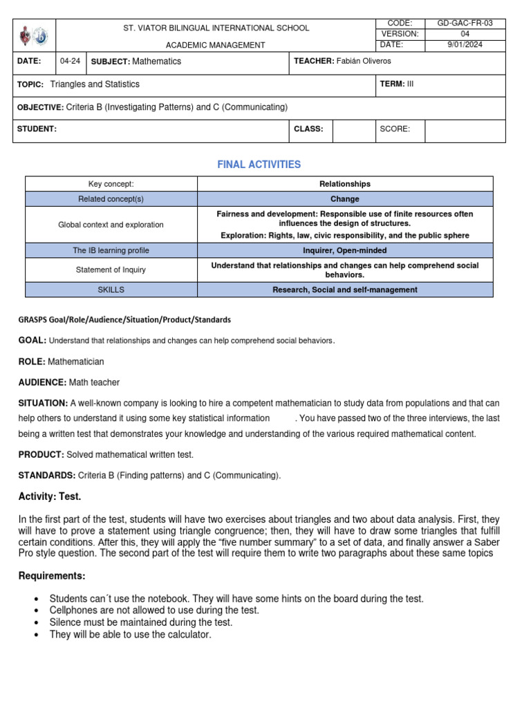 Sumativa U3 Rúbrica, Math, Year 4 | PDF | Mathematics | Theory
