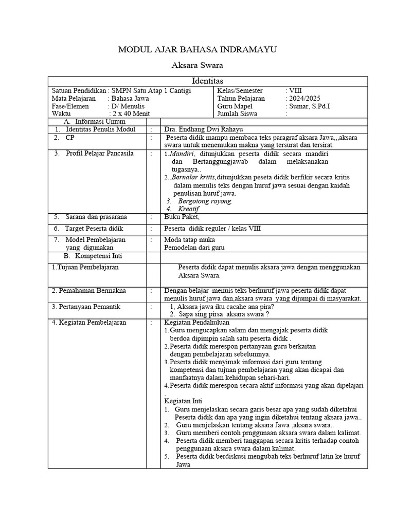 Modul Ajar Bahasa Jawa - Menulis Aksara Swara - Fase D | PDF | Seni & Disiplin Bahasa | Kajian ...