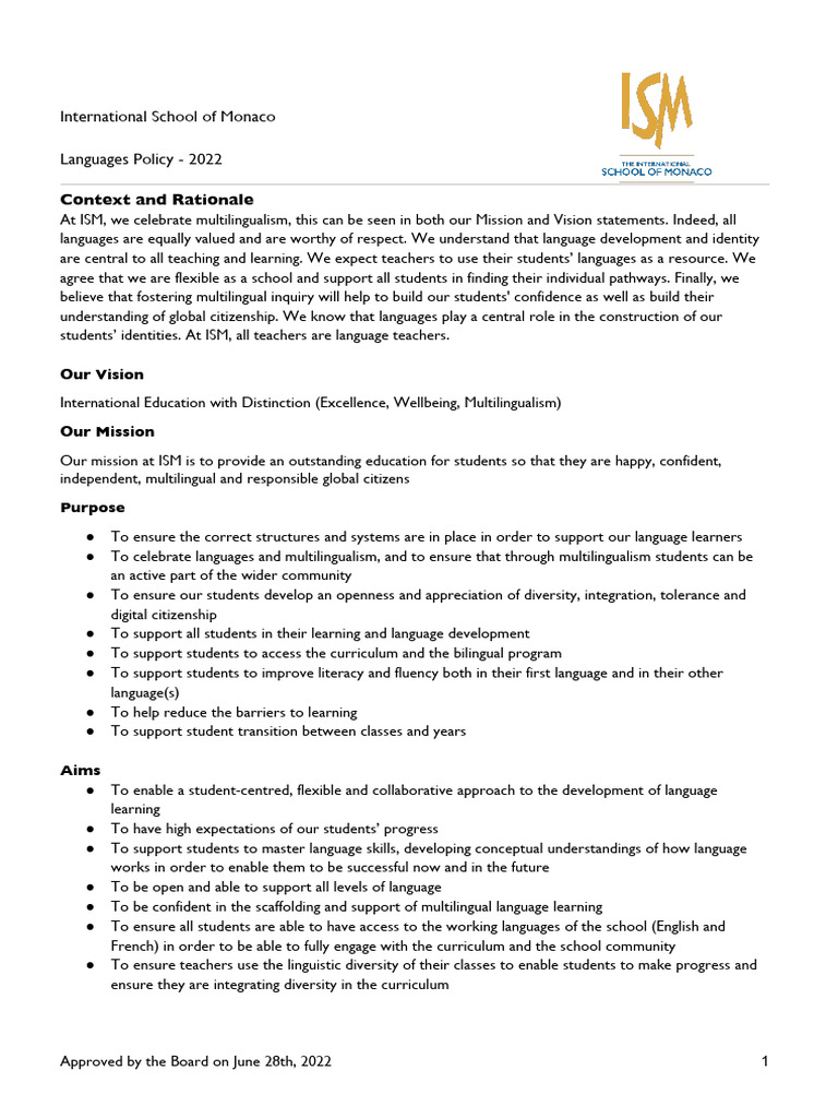 Languages Policy 28.06.2022 | PDF | Teachers | Multilingualism
