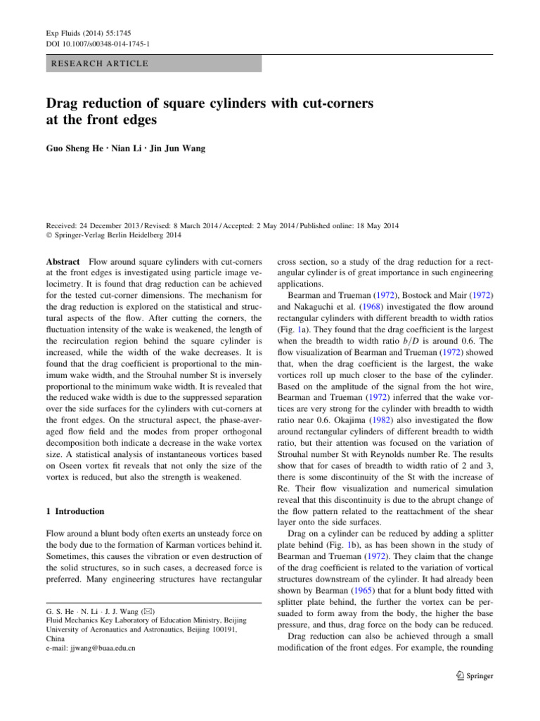 Drag Reduction in Square Cylinders | PDF | Vortices | Drag (Physics)