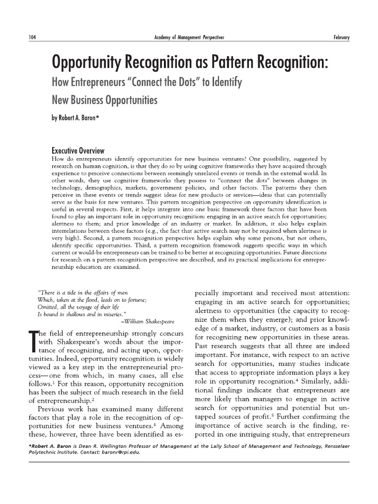 Baron 2006 Opportunity Recognition Pattern Recognition | PDF