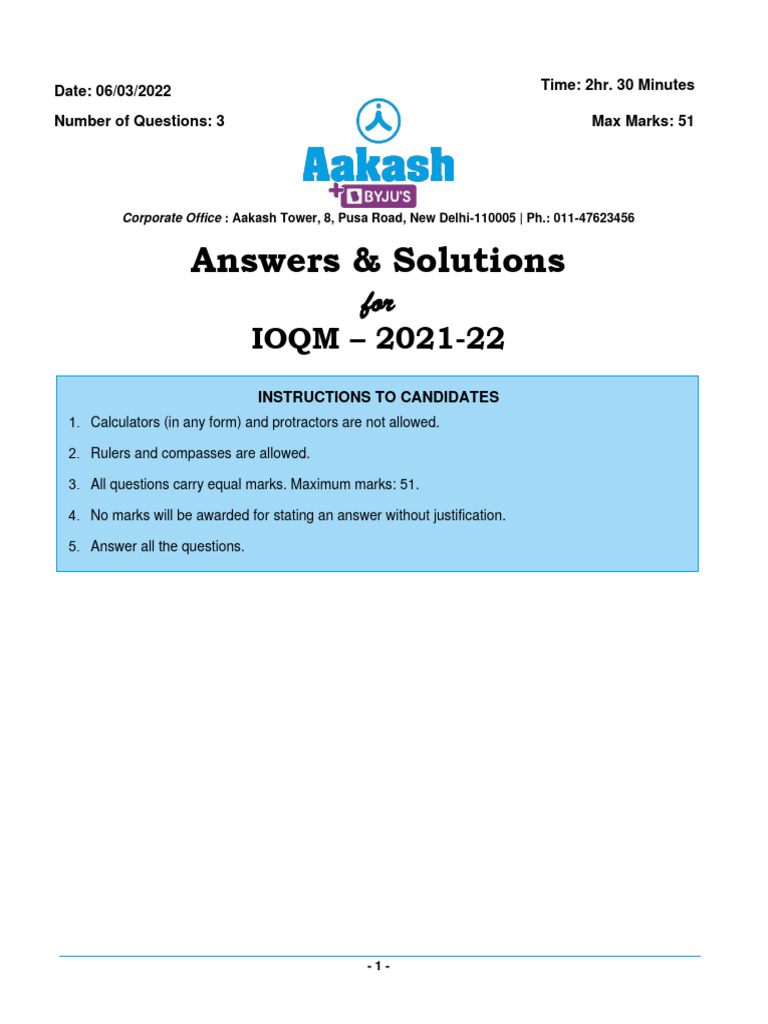 IOQM-2021-22 - (Answers & Solutions) - Part-B | PDF | Triangle | Elementary Mathematics