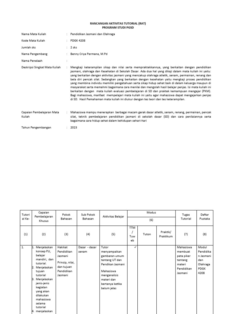 Rancangan Aktivitas Tutorial Penjas SD | PDF