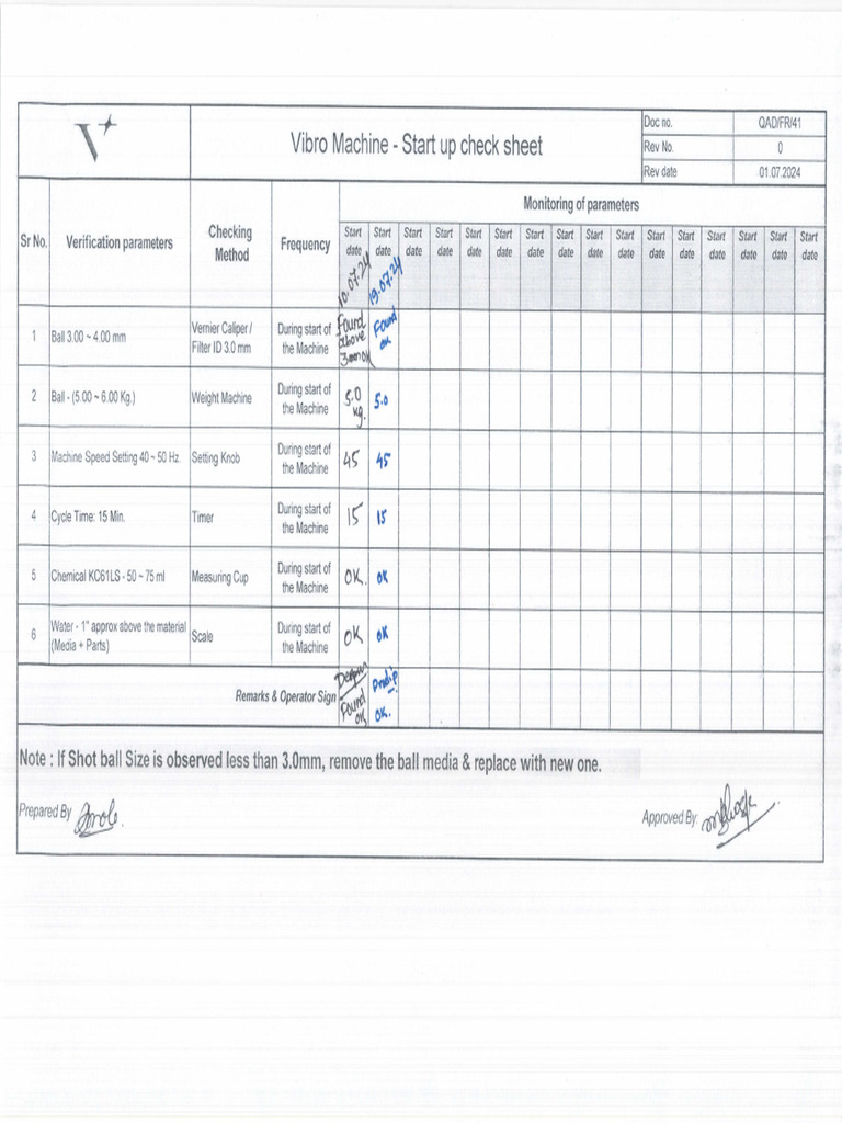 Machine Start Up Check Sheet | PDF