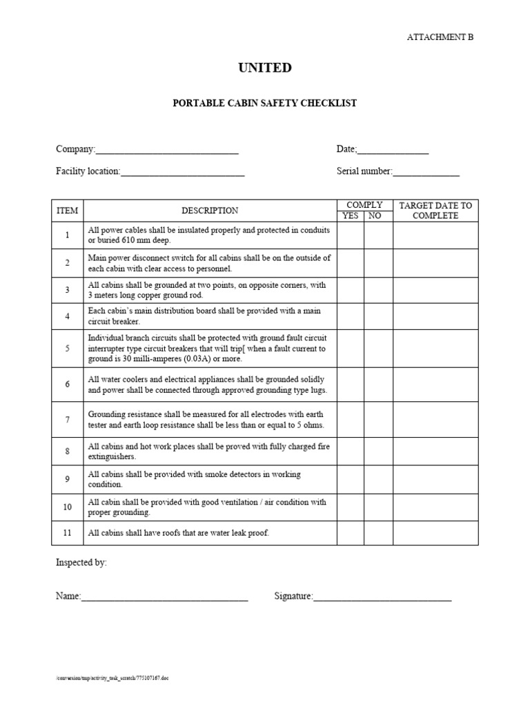 66b Portable Cabin Checklist | PDF | Electrical Equipment | Equipment