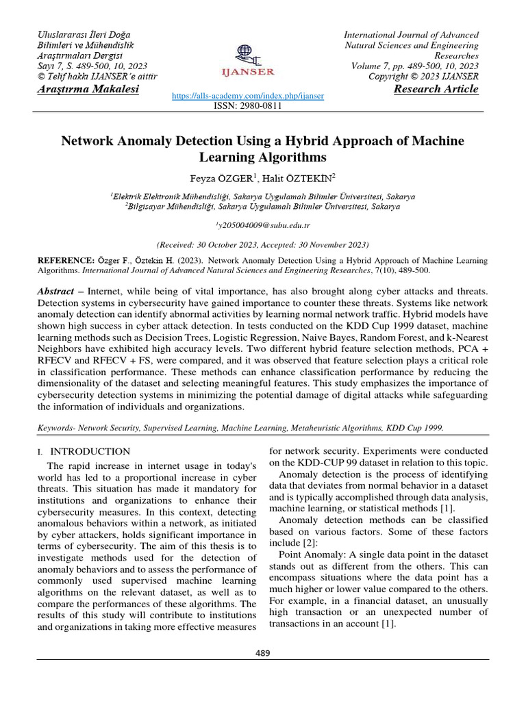 Network Anomaly Detection Using A Hybrid Approach of Machine H Öztekin | PDF | Machine Learning ...