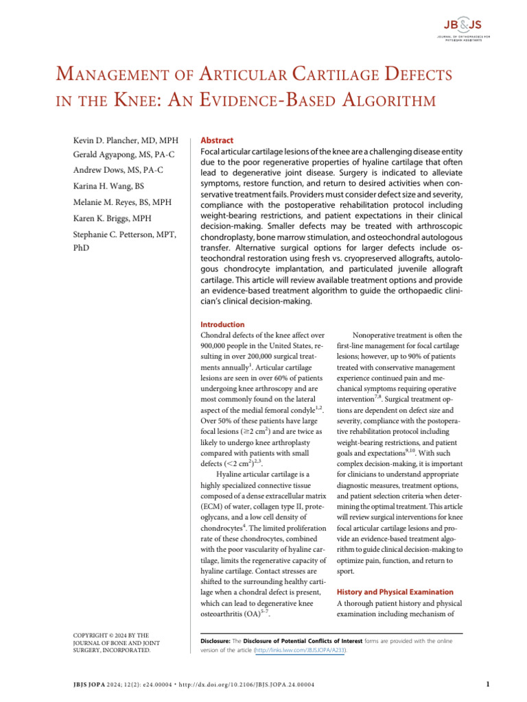 Management of Articular Cartilage Defects Knee | PDF | Knee ...