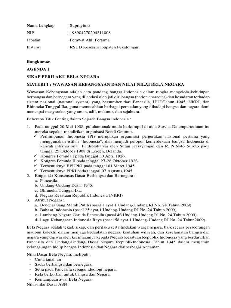 Rangkuman Agenda I Sikap Perilaku Bela Negara Materi 1: Wawasan Kebangsaan Dan Nilai-Nilai Bela ...