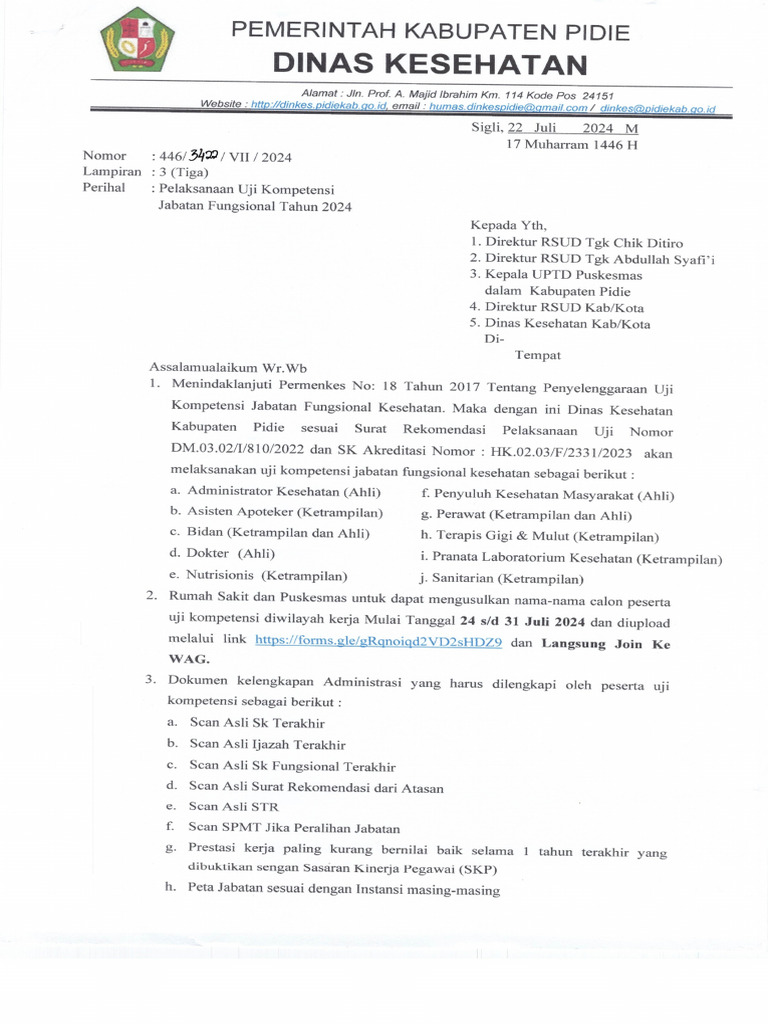 Surat Pemberitahuan Ujikom Dinas Kesehatan Pidie 2024 | PDF