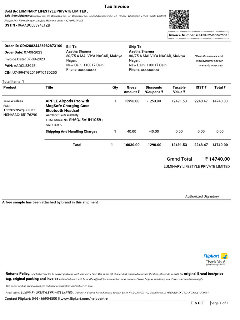 Airpods Invoice | PDF