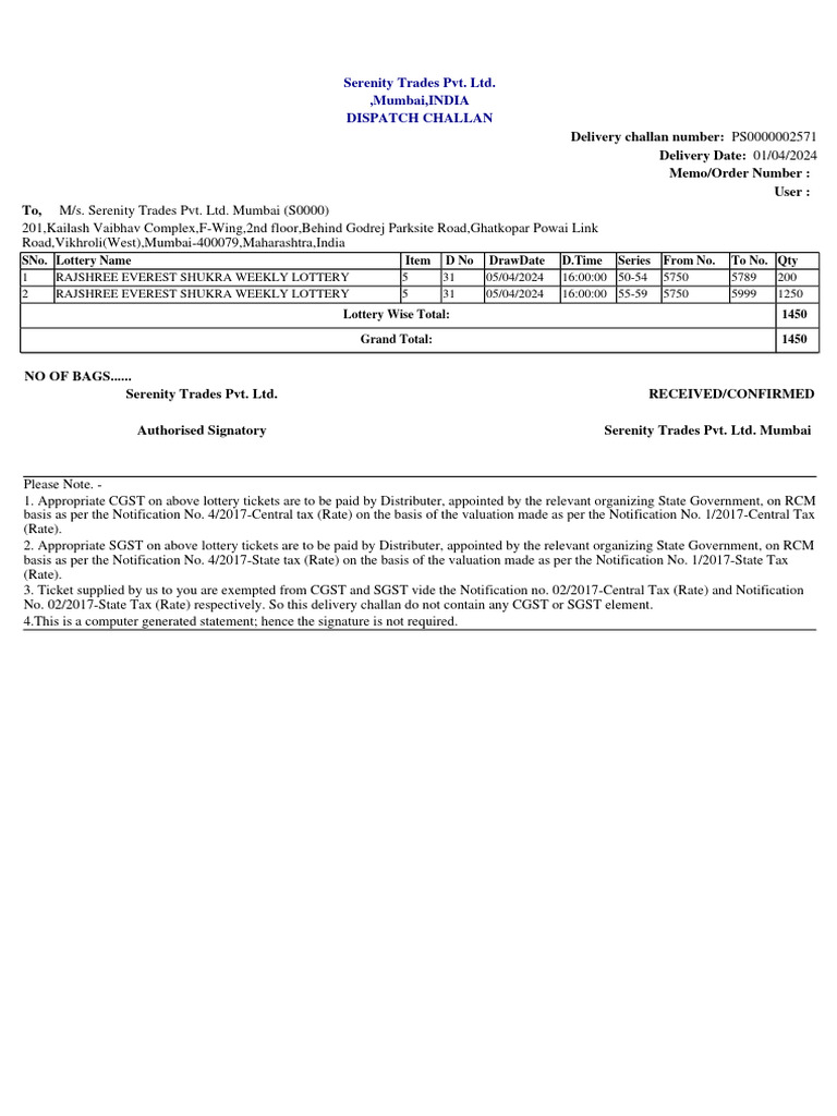 Delivery Challan for Lottery Tickets | PDF | Taxation | Payments