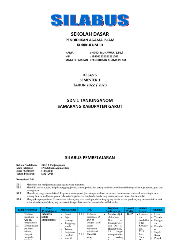 Silabus PAI Kelas 6 2022-2023 | PDF