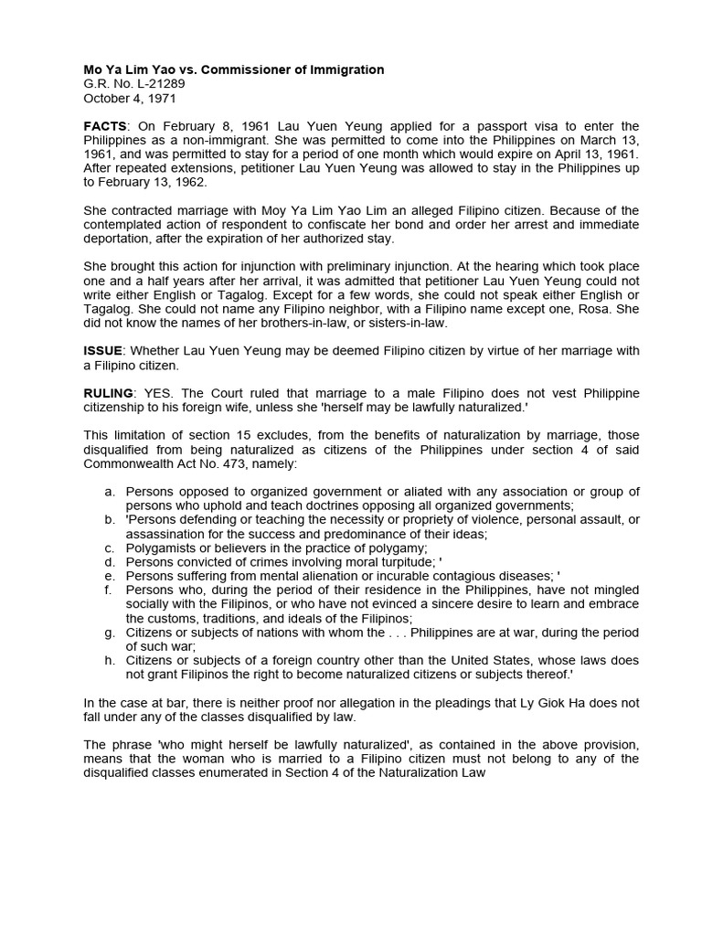 Mo Ya Lim Yao vs. Commissioner of Immigration | PDF | Naturalization ...