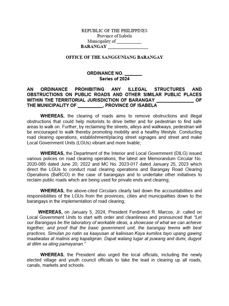 Barangay Road Clearing Ordinance | PDF | Traffic | Road