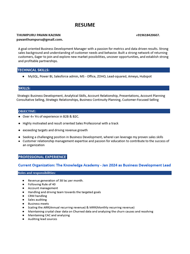 Pavan Kalyan resume | Download Free PDF | Sales | Customer Relationship Management