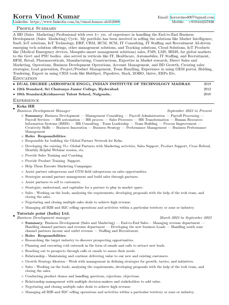 Korra Vinod Kumar Resume | PDF | Sales | Marketing